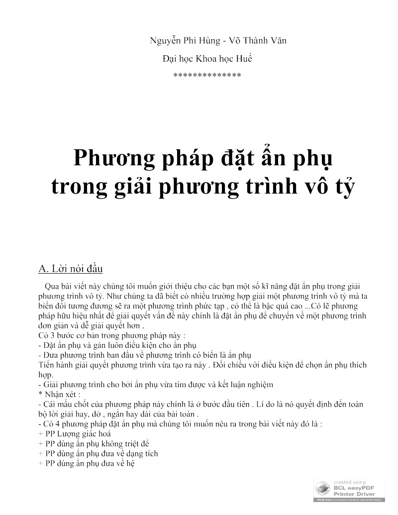 Phương pháp đặt ẩn phụ trong giải phương trình vô tỷ - Nguyễn Phi Hùng & Võ Thành Văn